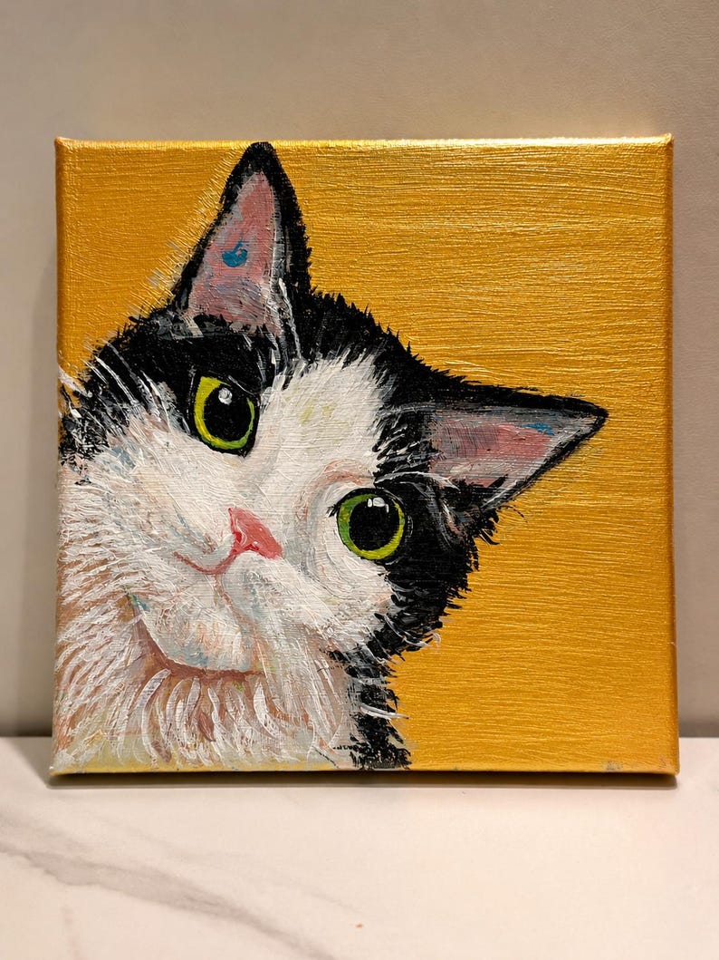 Original Black and White Cat Painting, Whimsical Pet Portrait, Golden ...
