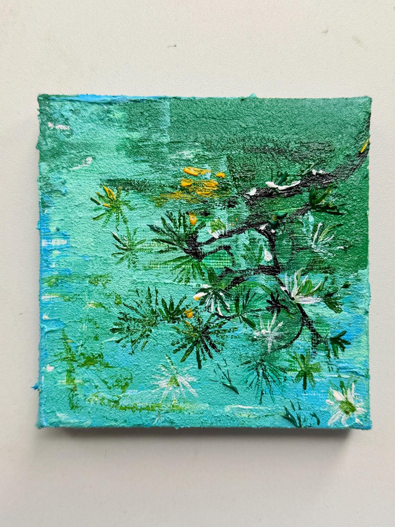 Mini Impasto Oil Painting, Textured Green Pine Tree Canvas Art ...