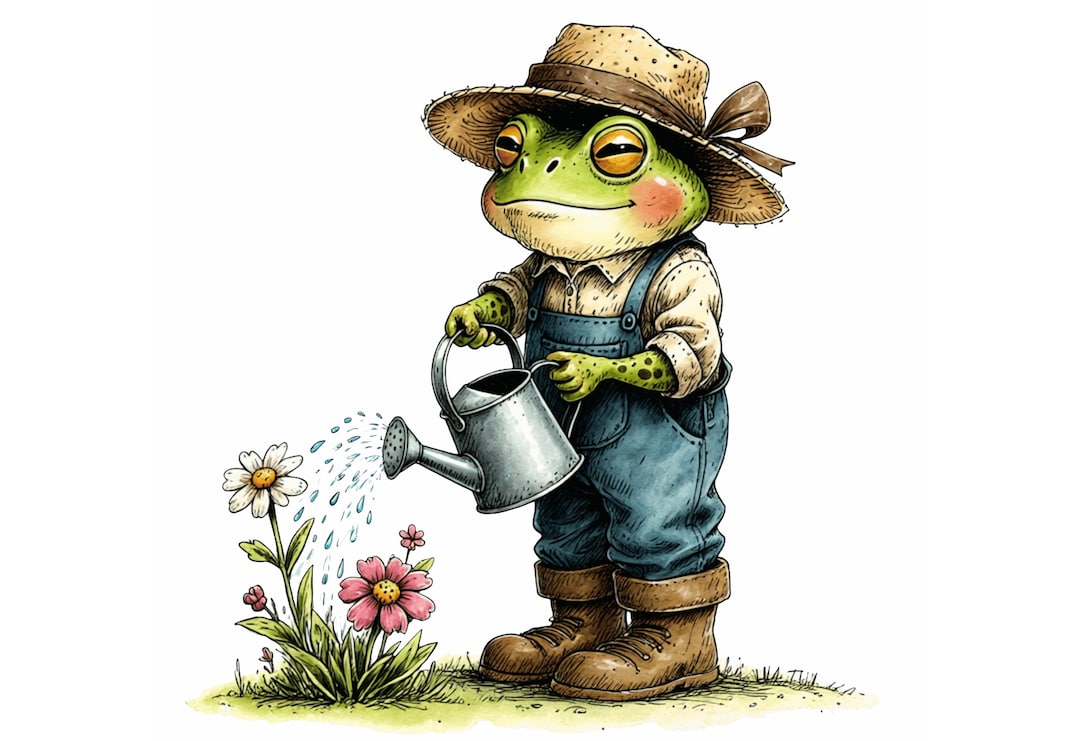 Whimsical Frog Gardener Watercolor Clipart PNG, Charming Amphibian ...