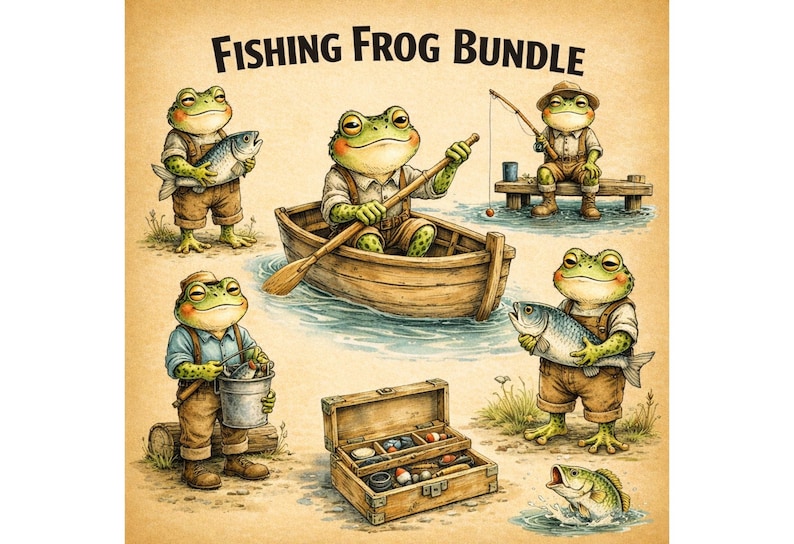 Whimsical Frog Fishing Bundle Clipart PNG, Watercolor Angler Animal ...