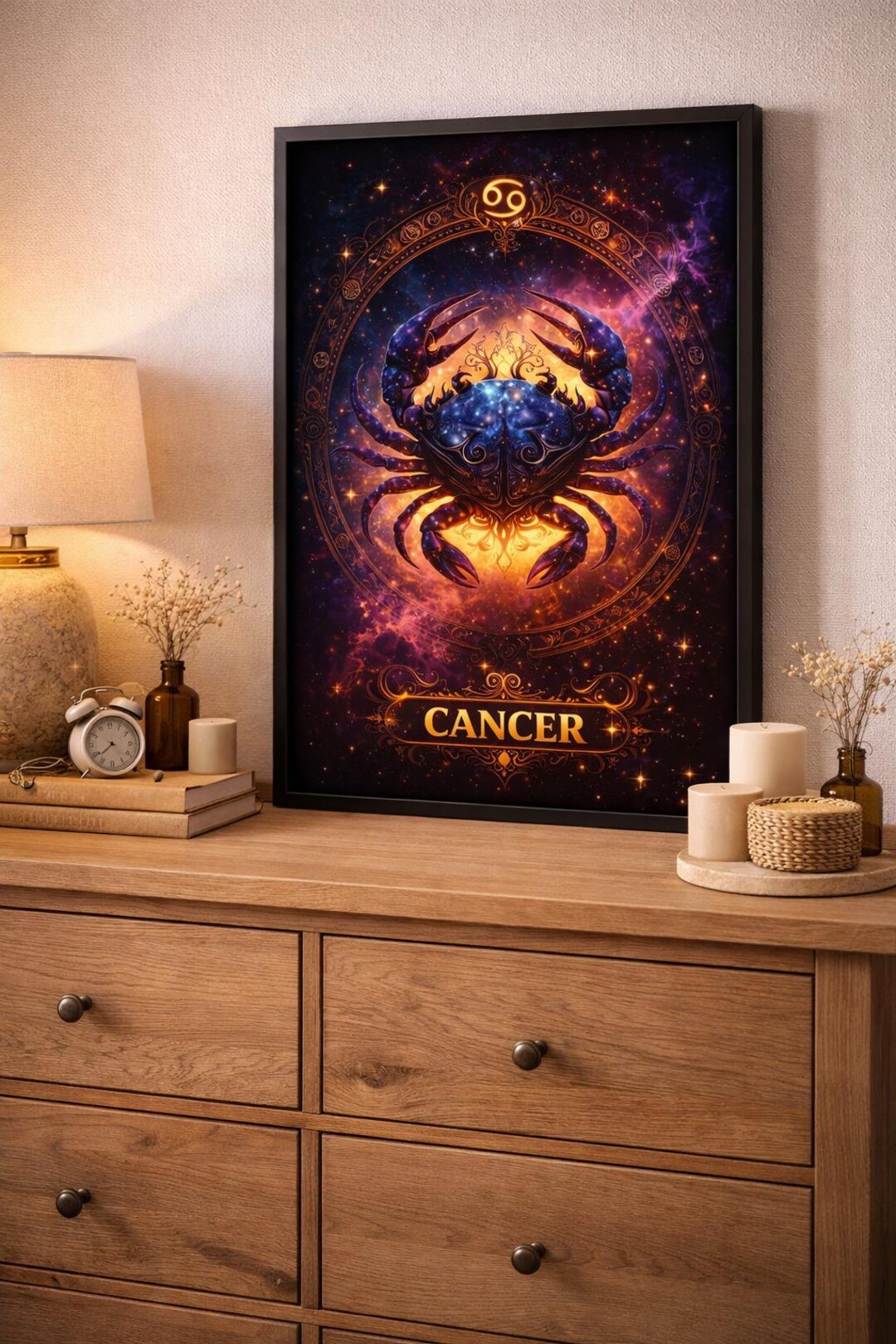 Cancer Zodiac Wall Art, Neon Horoscope Poster, Moonlit Guardian ...