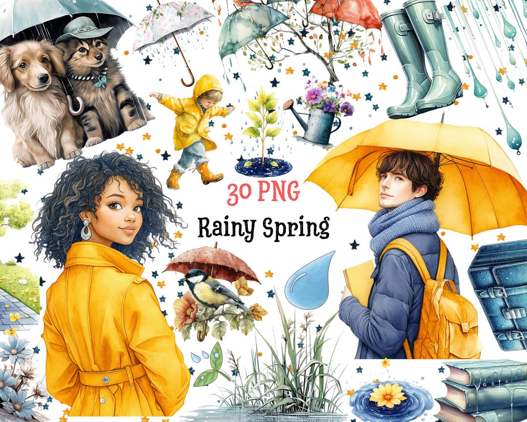 Watercolor Rainy Spring Clipart,30x High Quality Png,instant Download ...