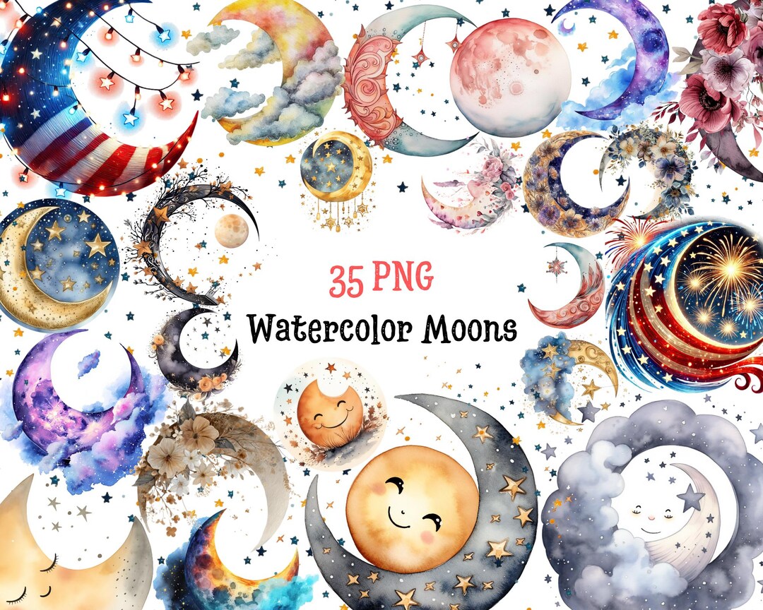 Watercolor Moons Clipart,35x High Quality Png,instant Download ...