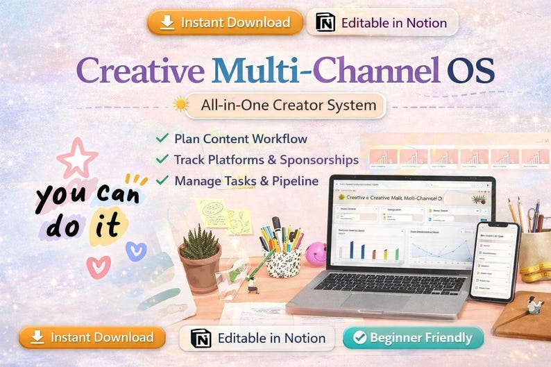 Notion Multi-channel OS Dashboard Content Creator Planner Social Media Youtube Workflow ...