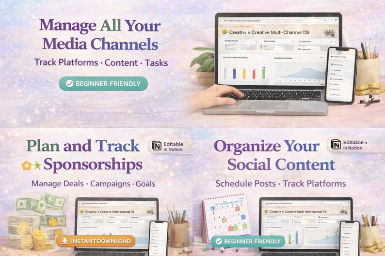 Notion Multi-channel OS Dashboard Content Creator Planner Social Media Youtube Workflow ...