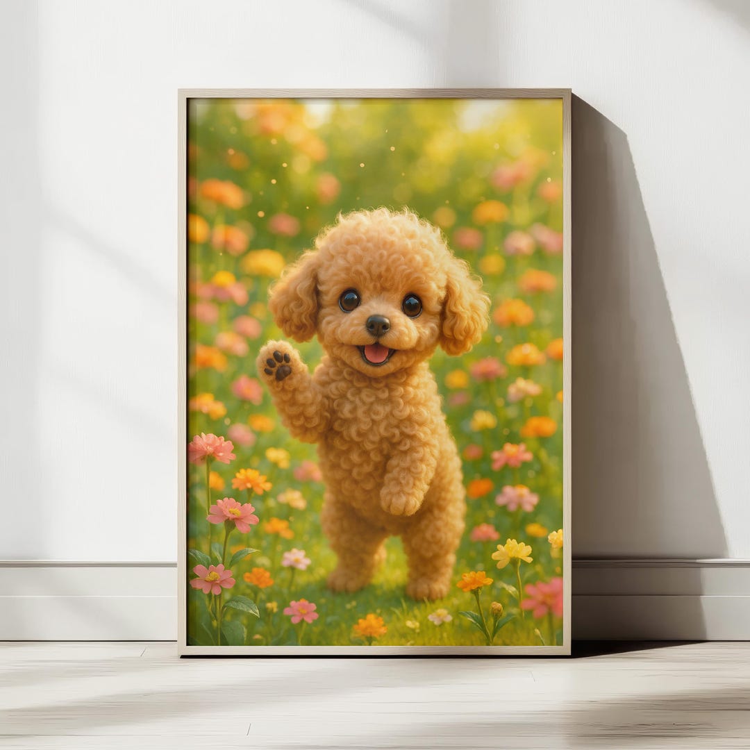 Cute Waving Toy Poodle Wall Art for Kids Bedroom, Smiling Puppy Poster ...