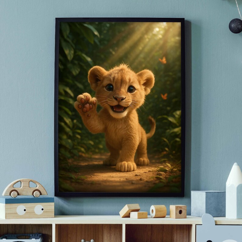 Cute 3D Lion Cub Wall Art for Kids Bedroom, Waving Animal Nursery Print ...
