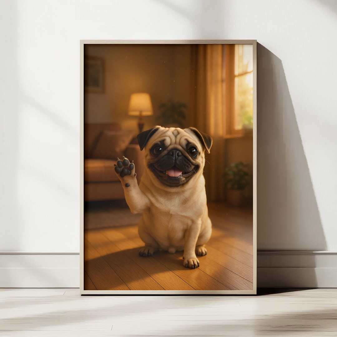 Cute Waving Pug Wall Art for Kids Bedroom, Smiling Puppy Poster, Animal ...