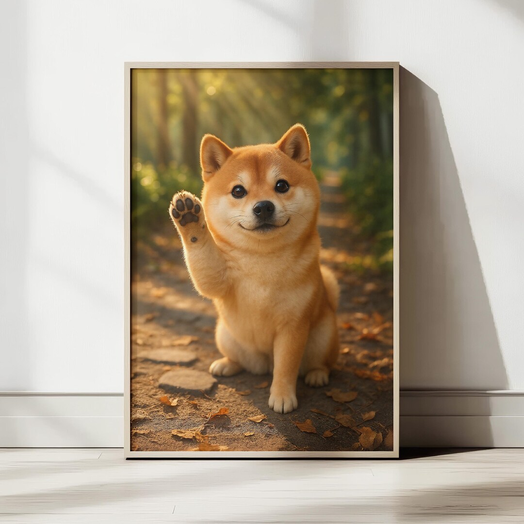 Cute Waving Shiba Wall Art for Kids Bedroom, Smiling Puppy Poster ...