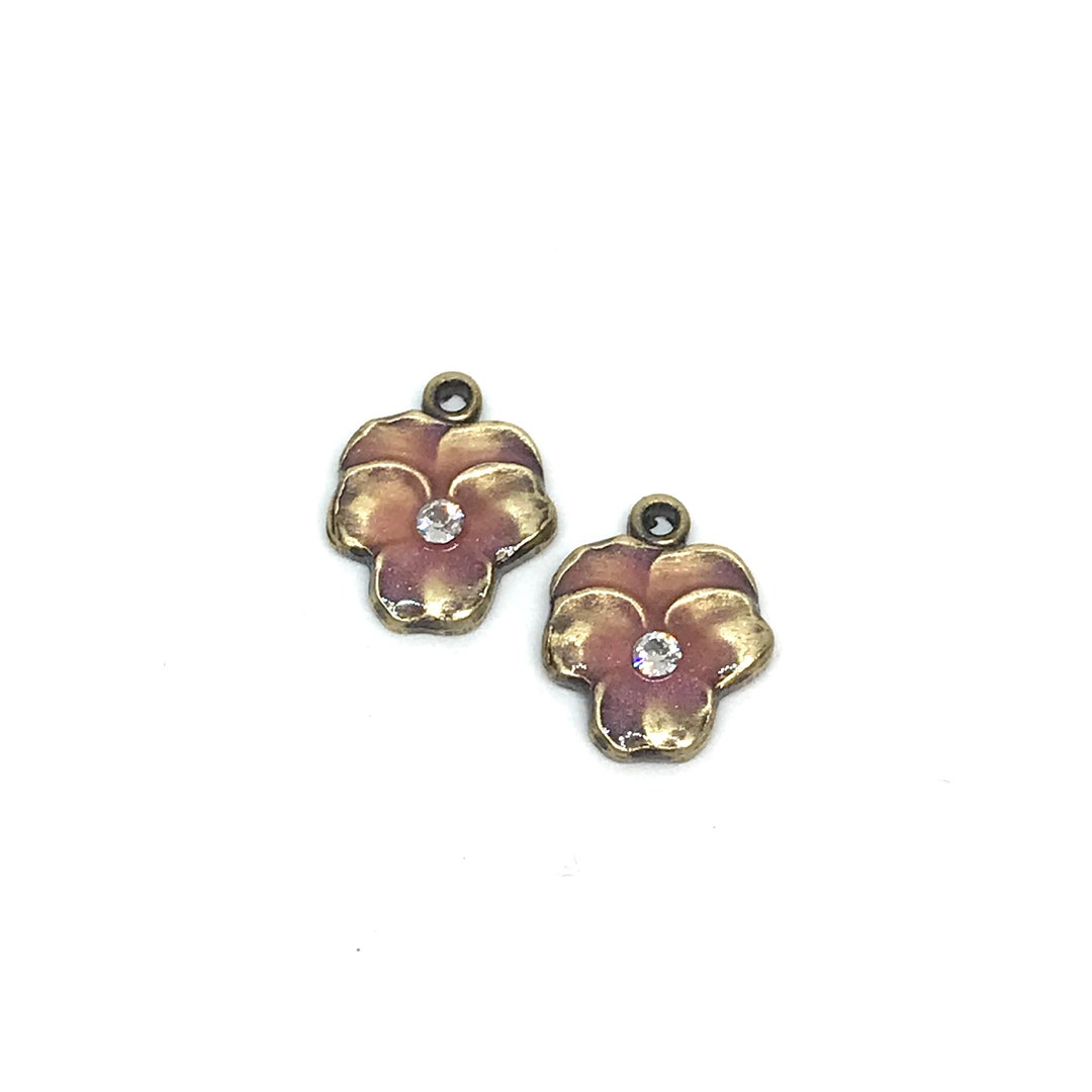 Pansy Charm Peach Coral Enamel - Antique Brass - Etsy