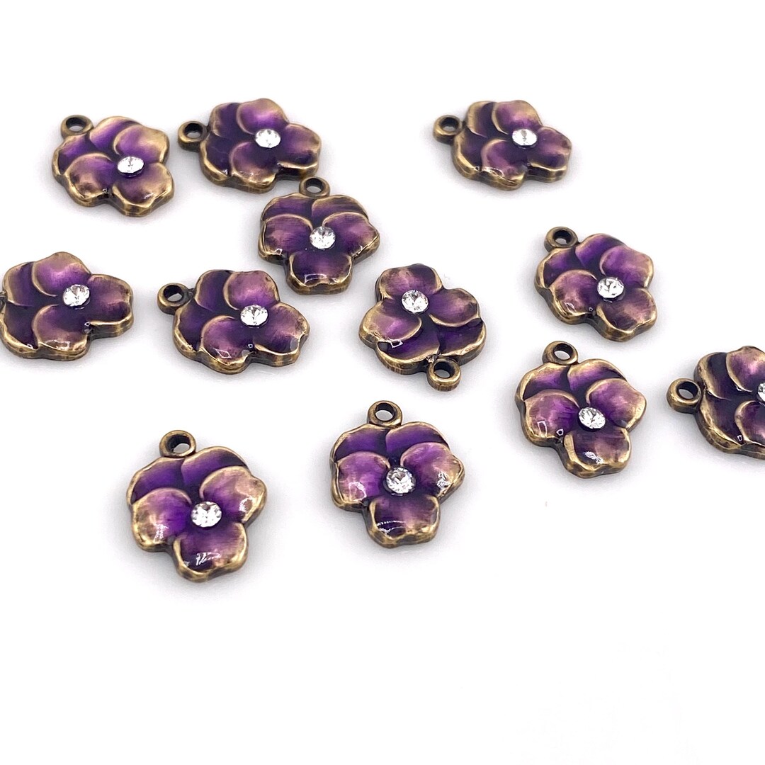 Pansy Charm Amethyst Enamel - Antique Brass - Etsy