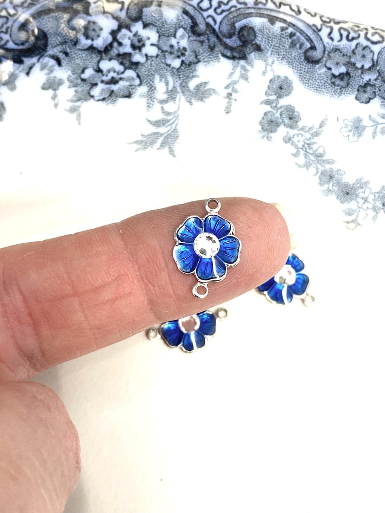 Forget Me Not Enameled Charm - 2 Loop Connector - Antique Silver - Etsy