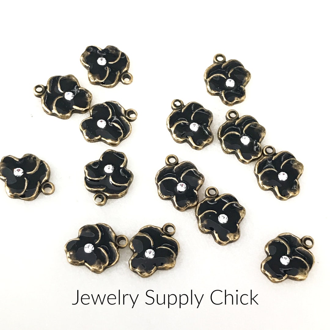 Pansy Charm Black Enamel Crystal Accent - Antique Brass - Etsy