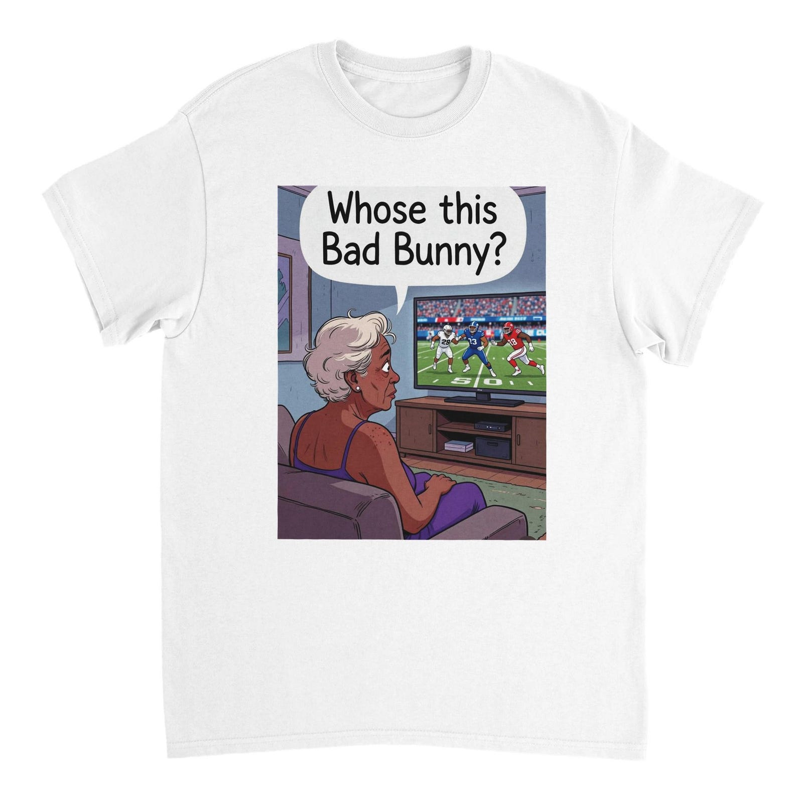Bad Bunny 2026 Super Bowl T-shirt – Comic Design With Confused Woman ...