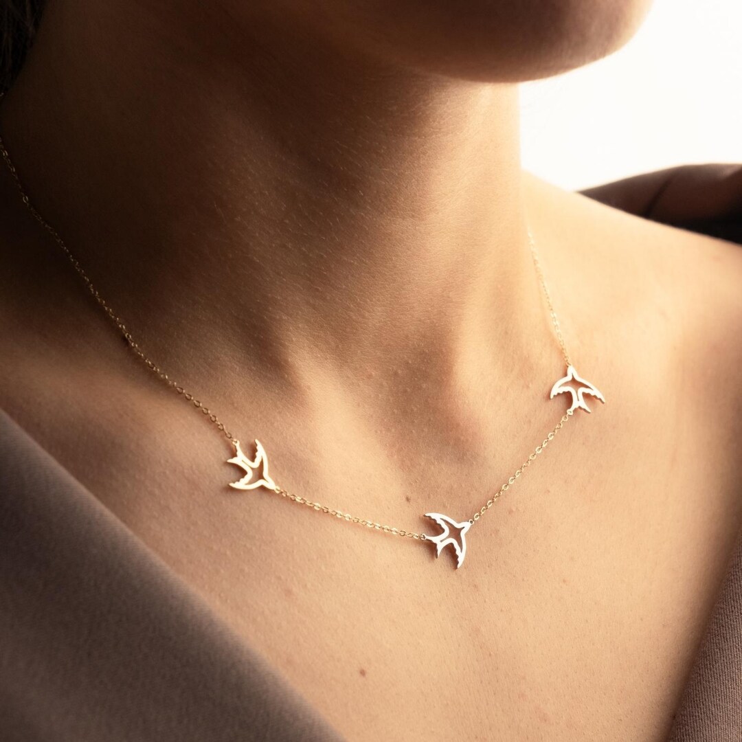 14k Solid Gold Swallow Necklace, Real Gold 3 Bird Necklace, Dainty ...