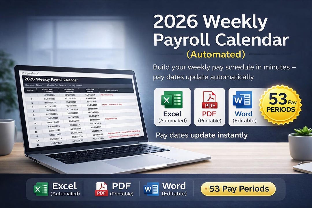 2026 Weekly Payroll Calendar Excel Template | Automated Pay Dates | PDF ...