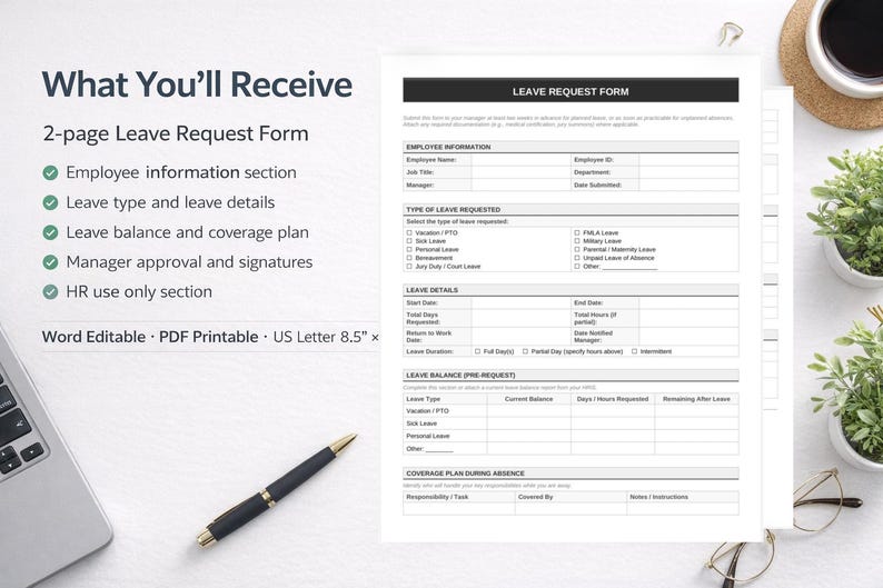 Leave Request Form | Employee PTO & Time off Template - Etsy