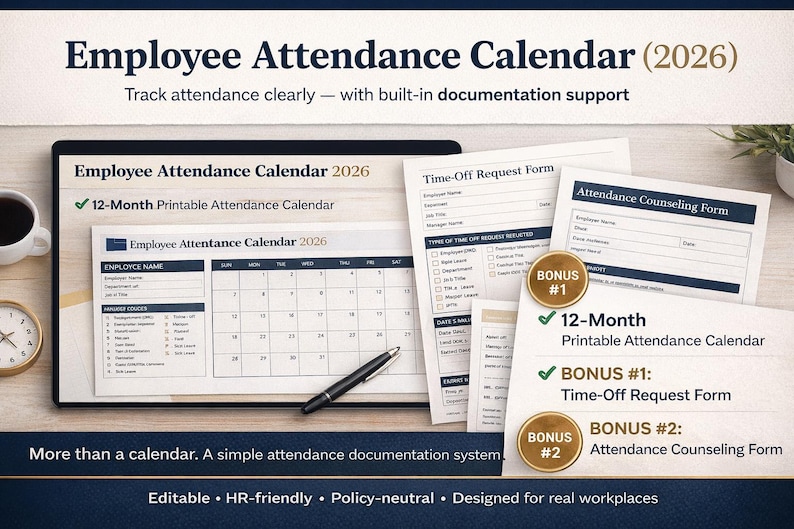 Employee Attendance Calendar 2026 | Attendance Tracking | Time-off ...