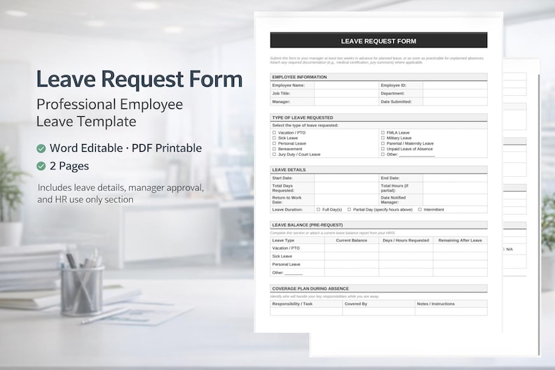 Leave Request Form | Employee PTO & Time off Template - Etsy