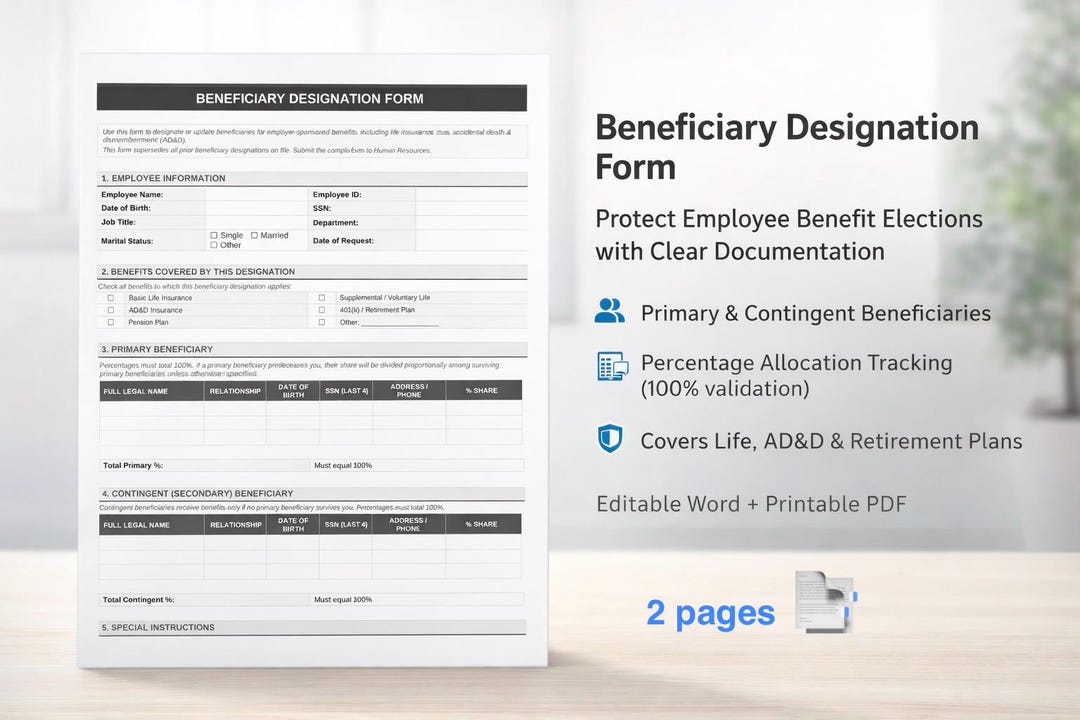 Beneficiary Designation Form | Editable HR Template - Etsy