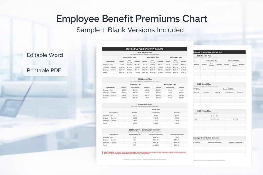 Employee Benefit Premiums Chart Template, HR Benefits Rate Sheet - Etsy