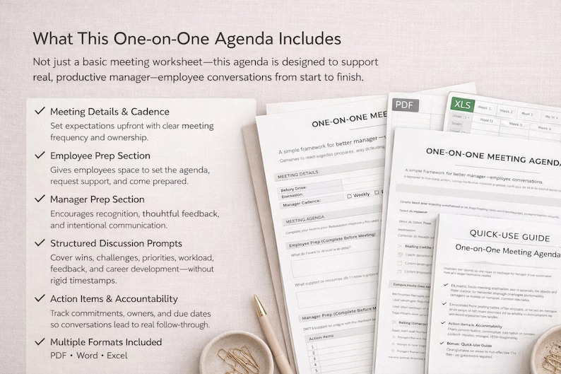 One-on-one Meeting Agenda Template for Managers & HR | PDF, Word, Excel ...