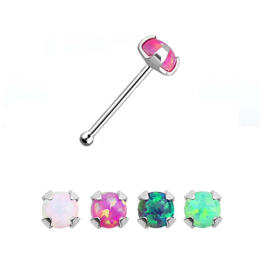 Nose Bone Nose Ring 925 Sterling Silver 2mm Opal Gem 22G. FREE Backing ...