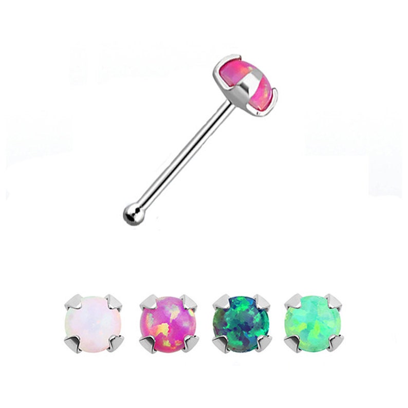 Nose Bone Nose Ring 925 Sterling Silver 2mm Opal Gem 22G. FREE Backing ...