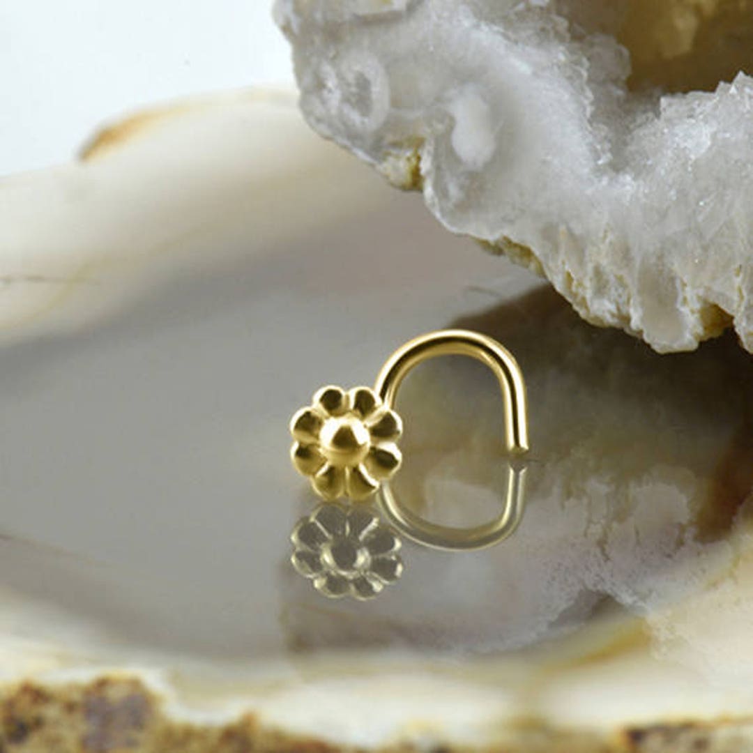 14K Yellow Gold Nose Ring, Stud, Screw, L Bend or Nose Bone. Flower ...