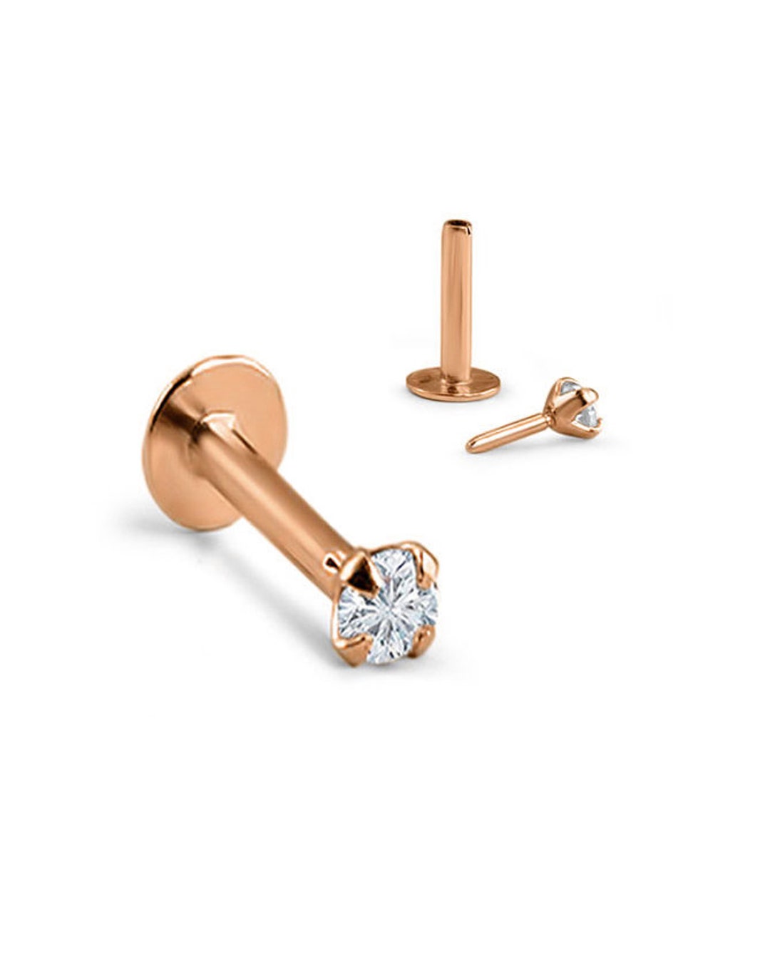 14K Solid Rose Gold Labret Style Nose Ring Monroe Stud Threadless Push ...