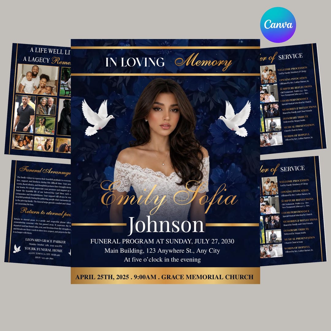 Navy Blue Funeral Program Template, Bi-fold Memorial Program, Obituary ...