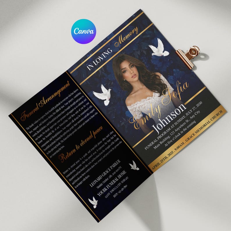 Navy Blue Funeral Program Template, Bi-fold Memorial Program, Obituary ...