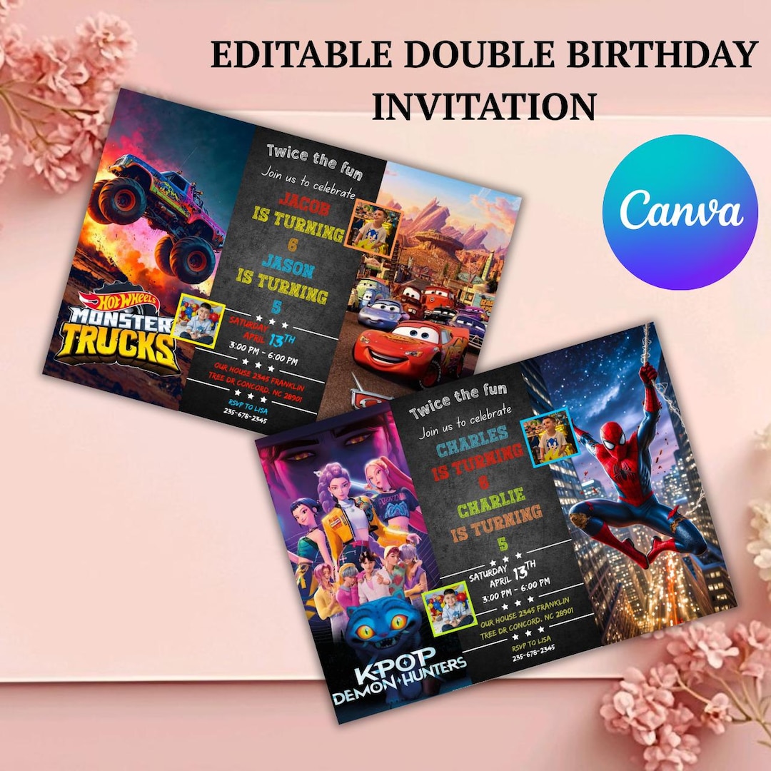 Editable Sibling Birthday Invitation, Double Birthday Invite, Dual ...