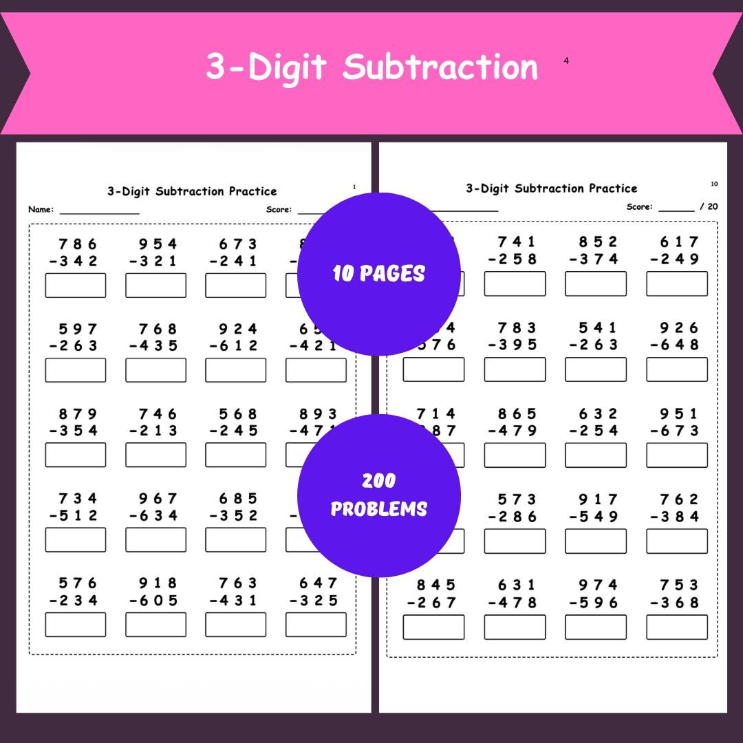 3-digit Subtraction Worksheets | Grade 2-3 Math Practice Problems (PDF ...