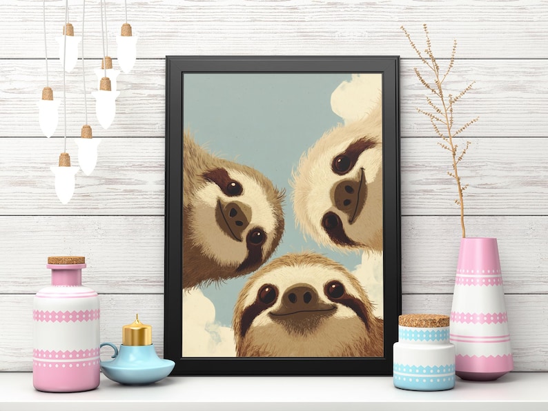 Sloth Wall Art Funny Curious Sloths Print Cute Animal Poster Relaxing ...