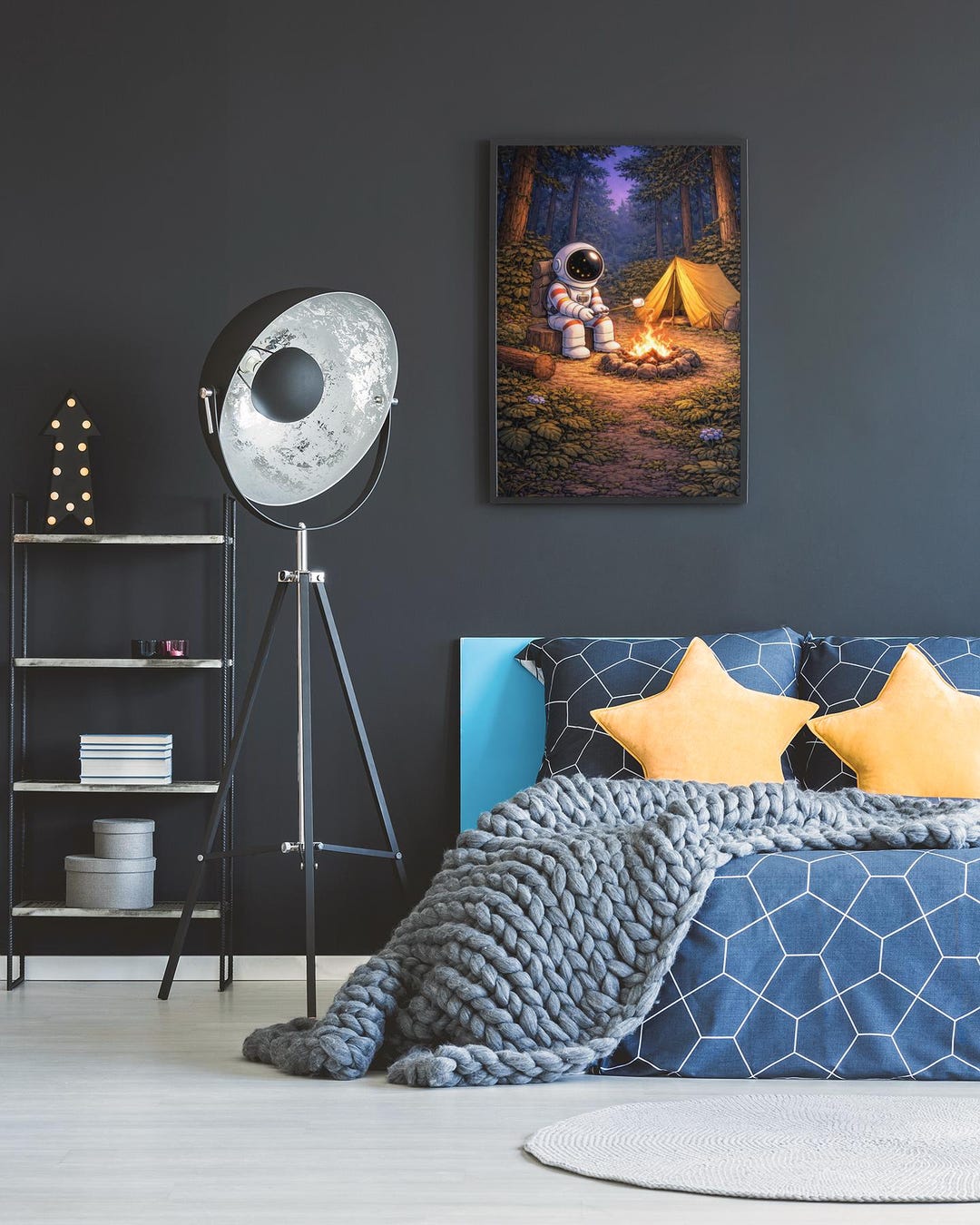 Astronaut Wall Art Camping by a Campfire, Surreal Space Illustration ...