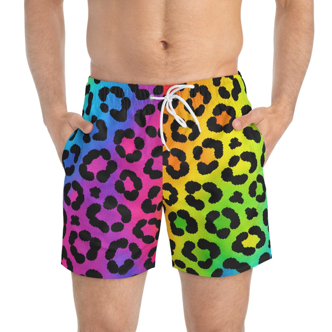 Rainbow Leopard Swim Trunks | Y2K Pride Board Shorts for Gay Men ...