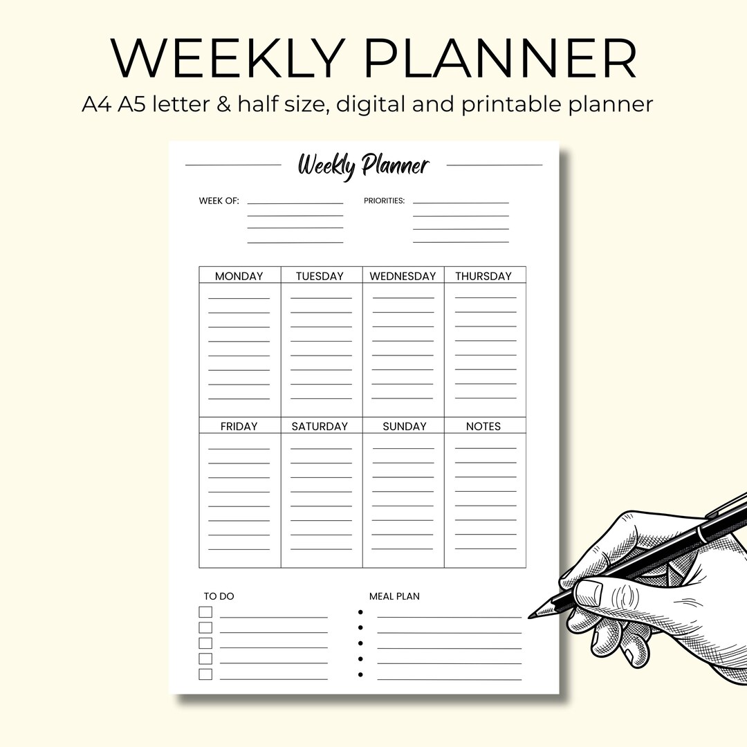 Weekly Planner Printable, Week at a Glance Organizer, Editable Weekly ...