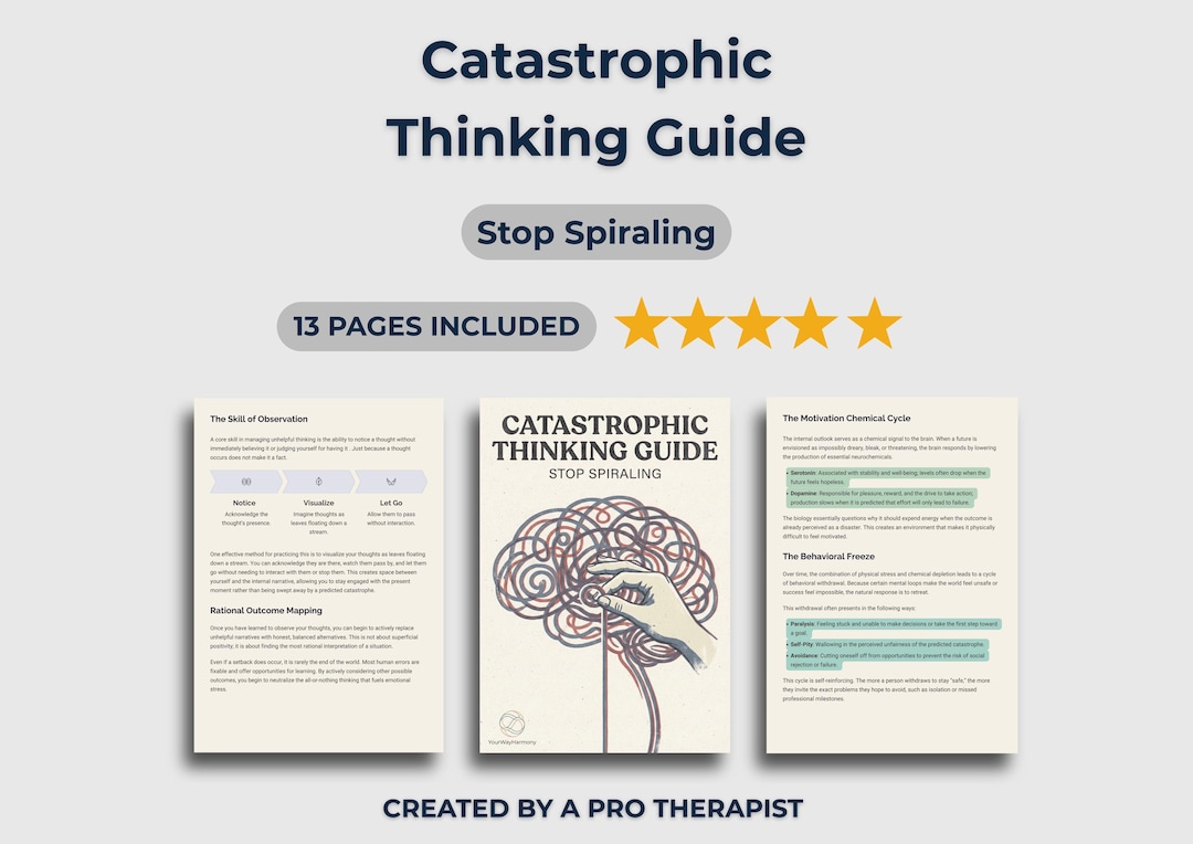 Catastrophic Thinking Guide | Stop Spiraling | CBT Anxiety Worksheets ...