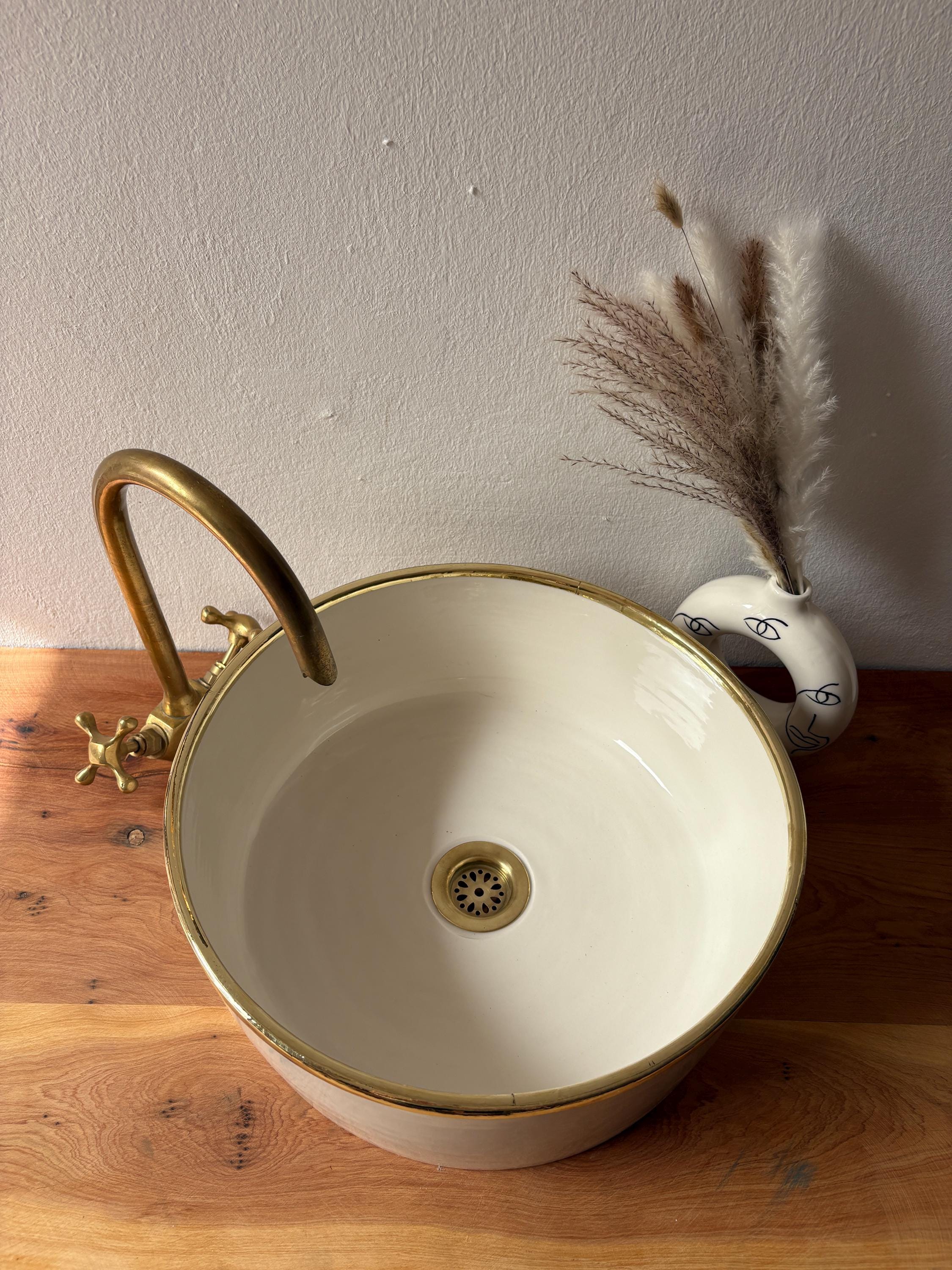 Minimalist Moroccan Ceramic Vessel Sink – Ivory White Basin With Brass ...