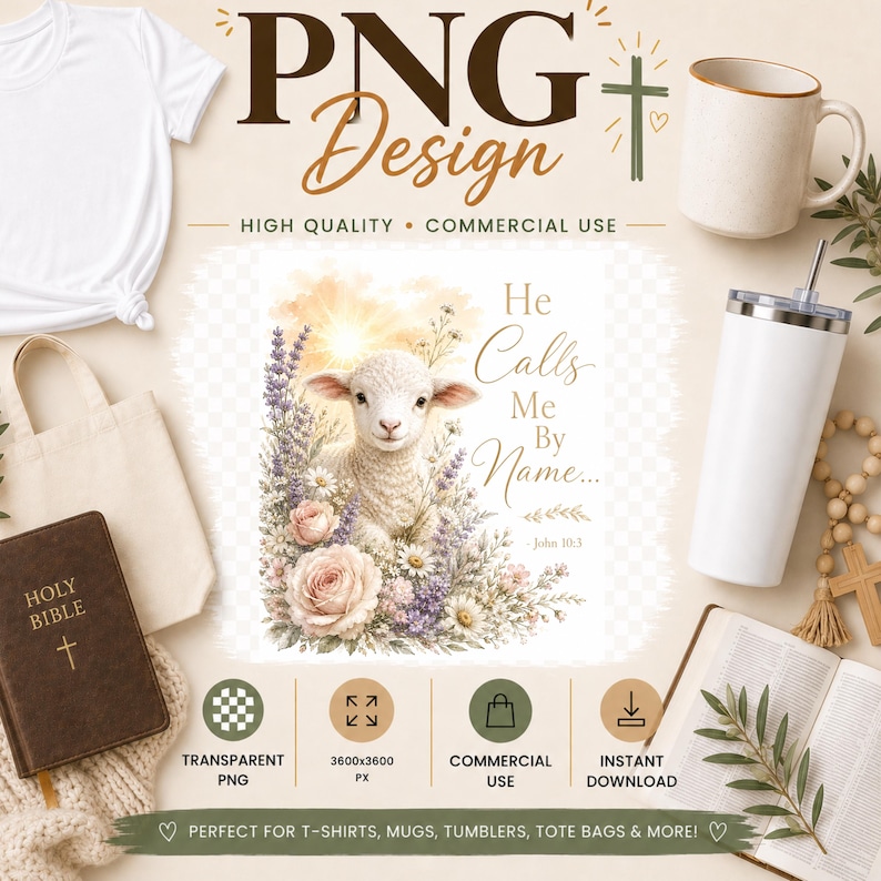 Christian Lamb Watercolor PNG, John 10:3 Bible Verse Design (instant ...