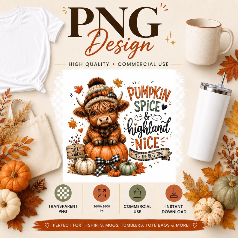 Highland Cow PNG, Pumpkin Spice Fall Design, Autumn Clipart (instant ...