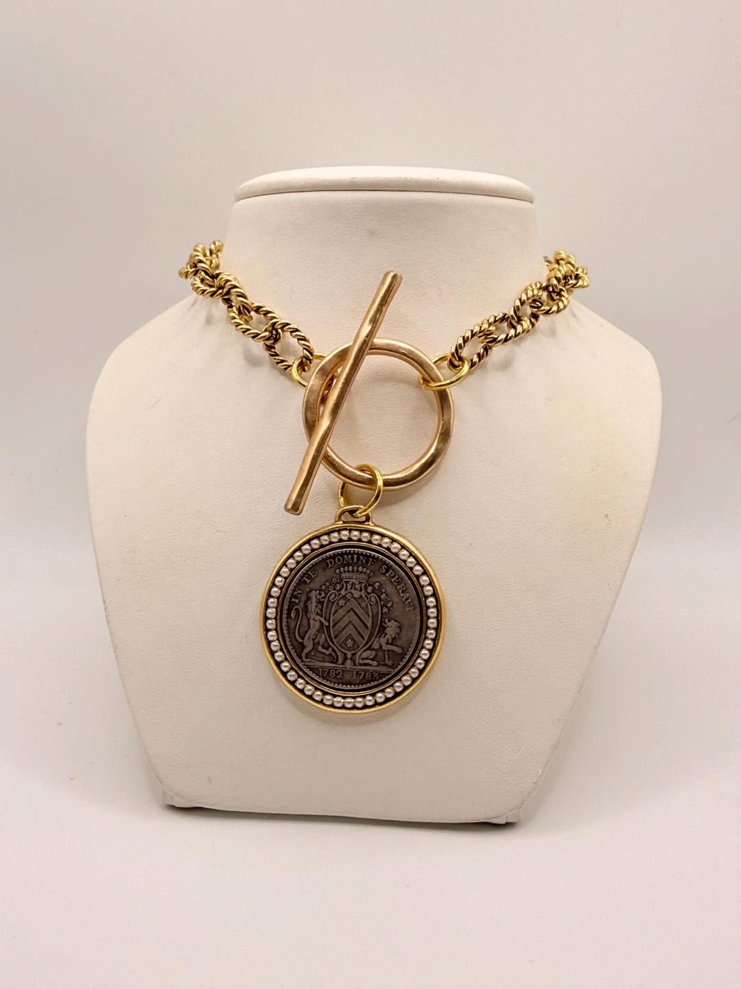 Heraldic Coin Toggle Necklace | Gold Chain Statement Pendant With Pearl ...