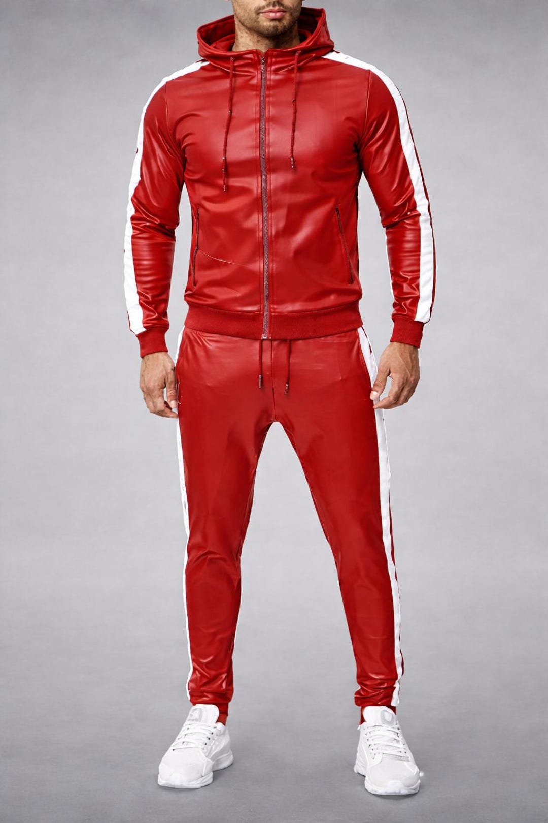 Men Leather Tracksuit - Men Brayden Red Leather Tracksuit Sweatsuit ...