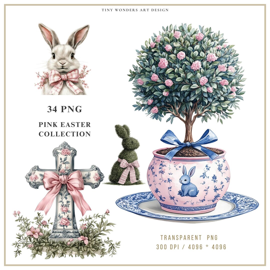 Pink Easter Watercolor Bunny Clipart Set – Chinoiserie Vase & Floral ...
