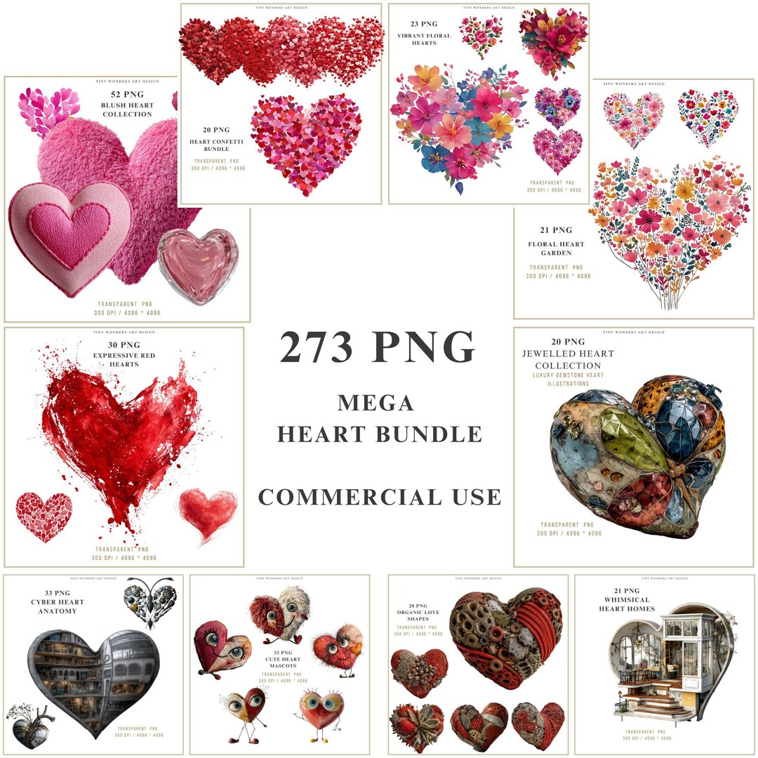 Heart Bundle 273 PNG, Love Clipart Mega Pack, Commercial Use Graphics ...