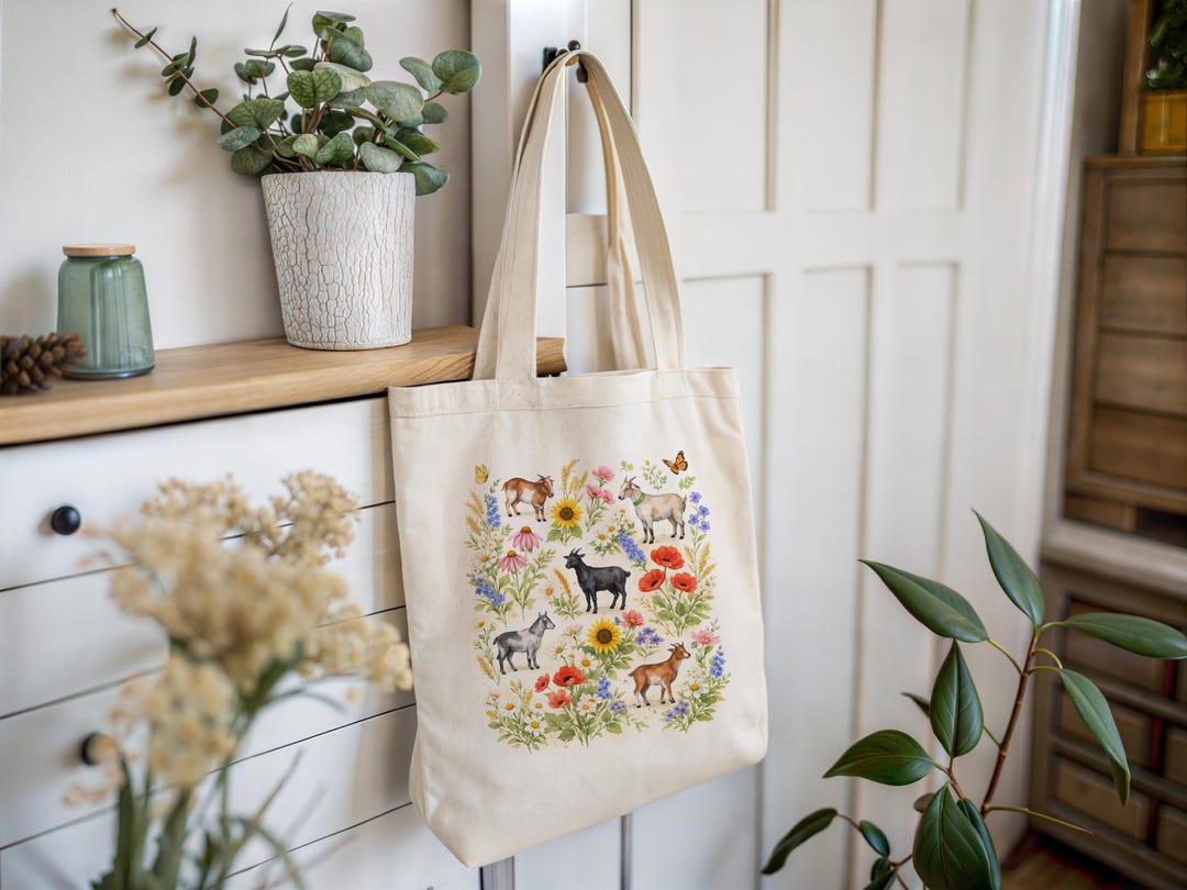 Goat Tote Bag, Cottagecore Wildflowers Canvas Tote, Farm Animal Tote ...