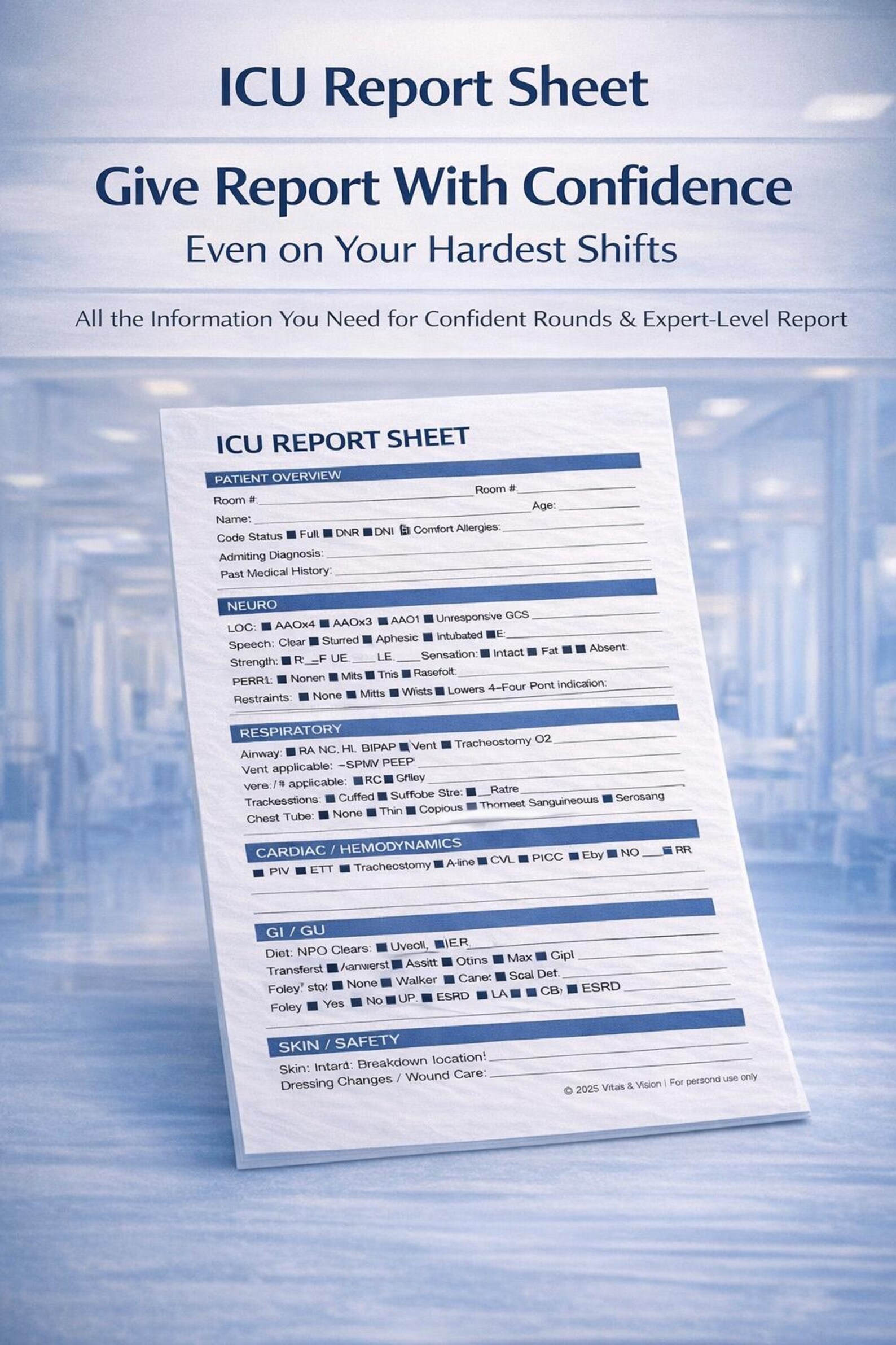 ICU Report Sheet One Page Printable and Fillable Nurse Brain Sheet for ...