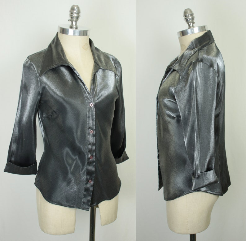 Y2K Silver Metallic Shirt // Cuffed Sleeves | Etsy