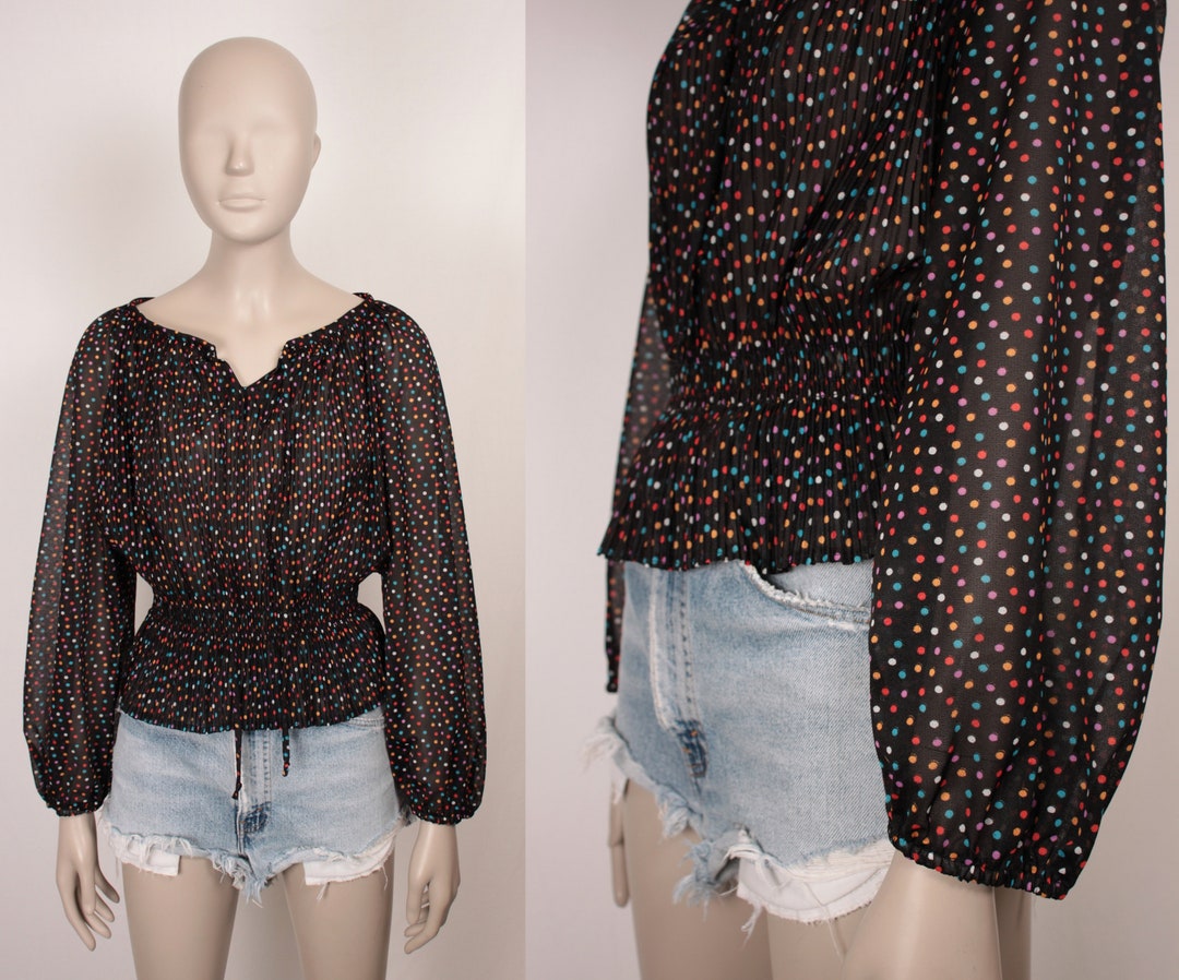 SALE // 70s Disco Blouse // Sheer Polka Dot // Shirred Waist - Etsy